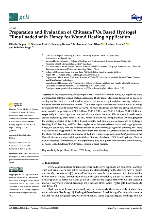 (PDF) Preparation and Evaluation of Chitosan/PVA Based Hydrogel Films Loaded with Honey for ...