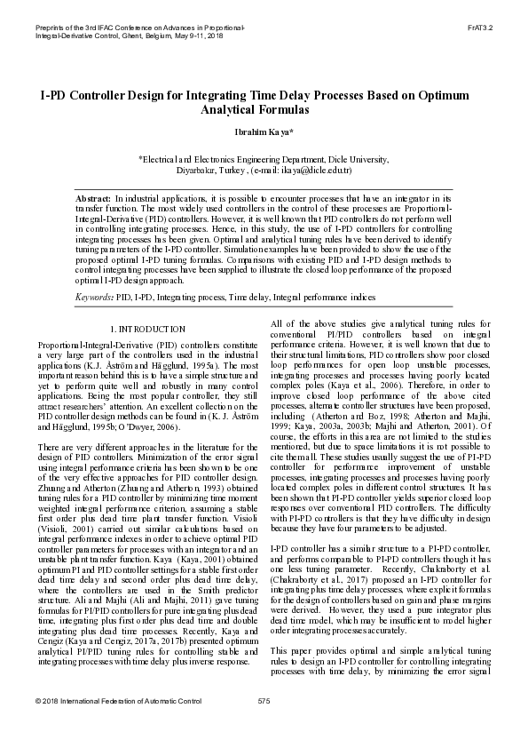 (PDF) I-PD Controller Design for Integrating Time Delay Processes Based on Optimum Analytical ...