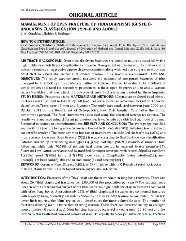 (PDF) Management of Open Fracture of Tibia Diaphysis (Gustilo ...