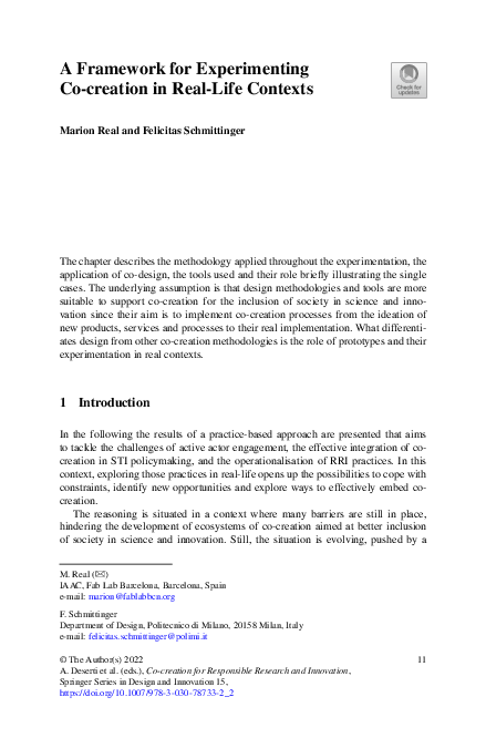 (PDF) A Framework for Experimenting Co-creation in Real-Life Contexts