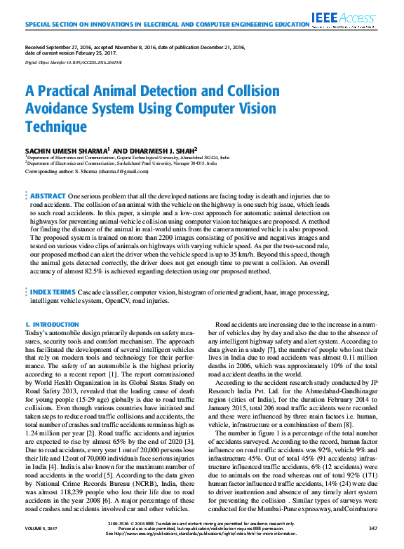 (PDF) A Practical Animal Detection and Collision Avoidance System Using Computer Vision Technique