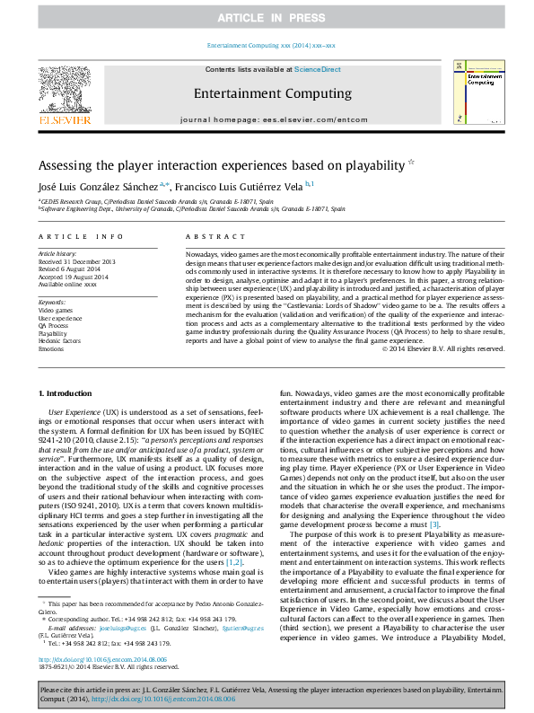 (PDF) Assessing the player interaction experiences based on playability