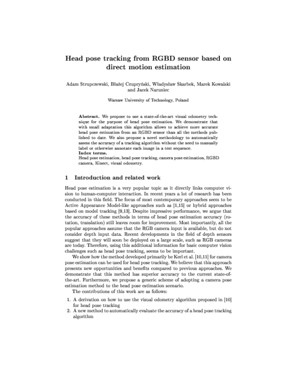 Pdf Head Pose Tracking From Rgbd Sensor Based On Direct Motion Estimation