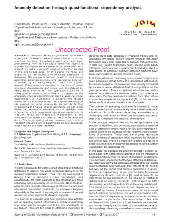 (PDF) Anomaly detection through quasi-functional dependency analysis