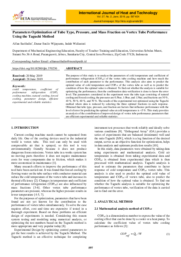 (PDF) Optimization of counter flow Ranque–Hilsch vortex tube performance using Taguchi method