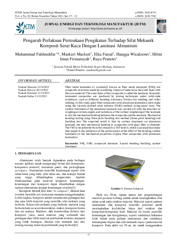 (PDF) Pengaruh Perlakuan Permukaan Pengikatan Terhadap Sifat Mekanik Komposit Serat Kaca Dengan ...