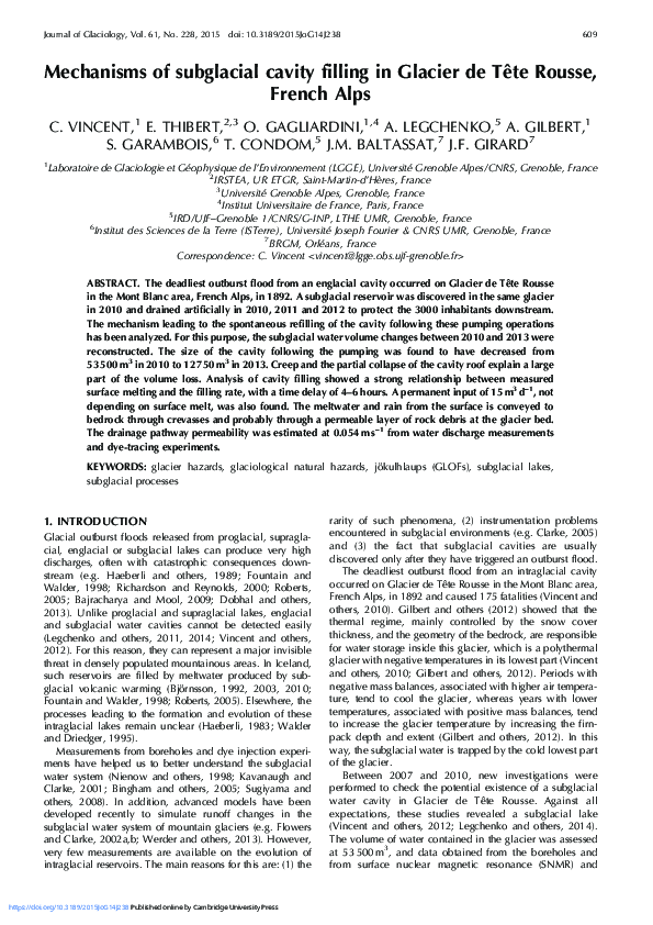 (PDF) Mechanisms of subglacial cavity filling in Glacier de Tête Rousse ...