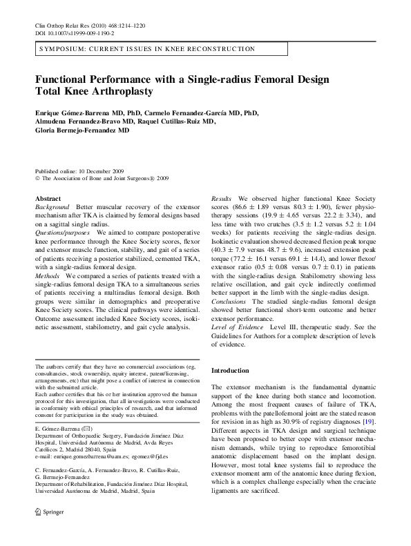 (PDF) Functional Performance with a Single-radius Femoral Design Total ...