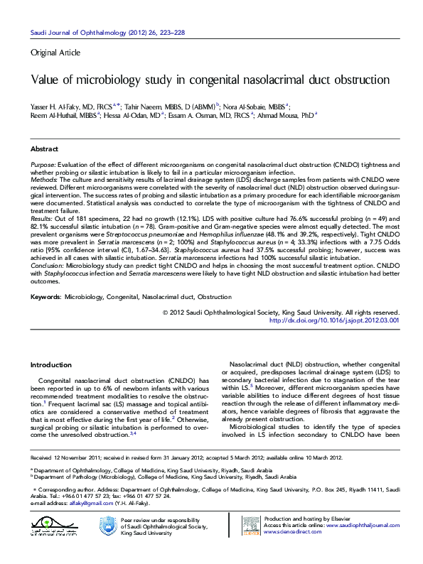 (PDF) Value of microbiology study in congenital nasolacrimal duct ...