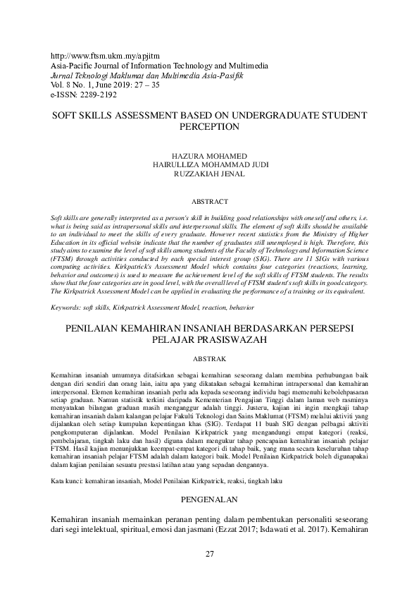 (PDF) Penilaian kemahiran insaniah berdasarkan persepsi pelajar prasiswazah
