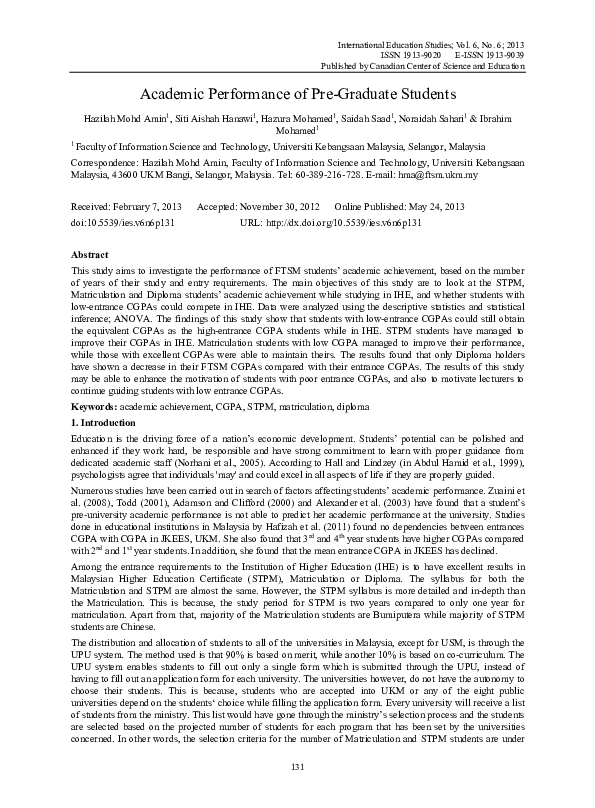 (PDF) Academic Performance of Pre-Graduate Students