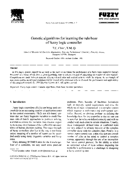 Pdf Genetic Algorithms For Learning The Rule Base Of Fuzzy Logic Controller 5766