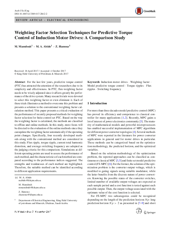 Pdf Weighting Factor Selection Techniques For Predictive Torque