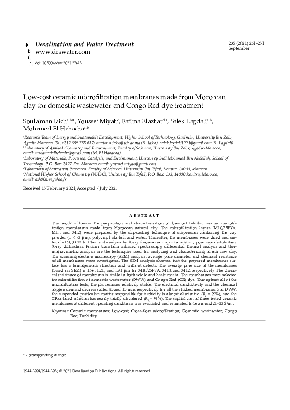 (PDF) Low-cost ceramic microfiltration membranes made from Moroccan ...