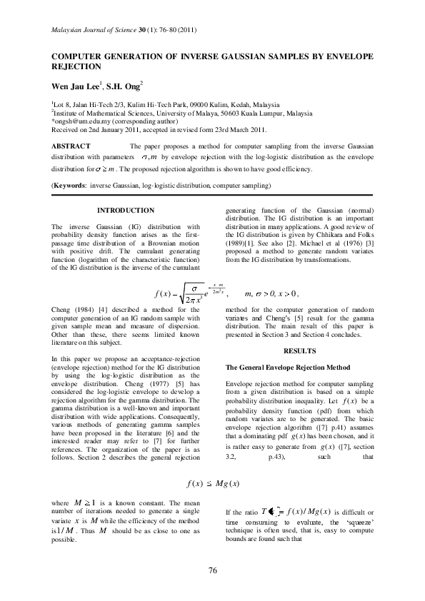 (PDF) Computer Generation of Inverse Gaussian Samples by Envelope Rejection