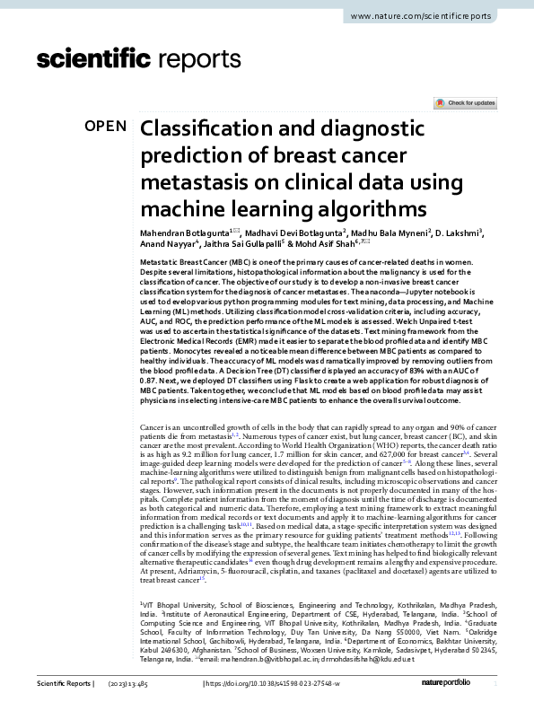 (PDF) Classification and diagnostic prediction of breast cancer metastasis on clinical data ...