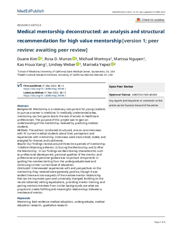 (PDF) Medical mentorship deconstructed: an analysis and structural recommendation for high value ...