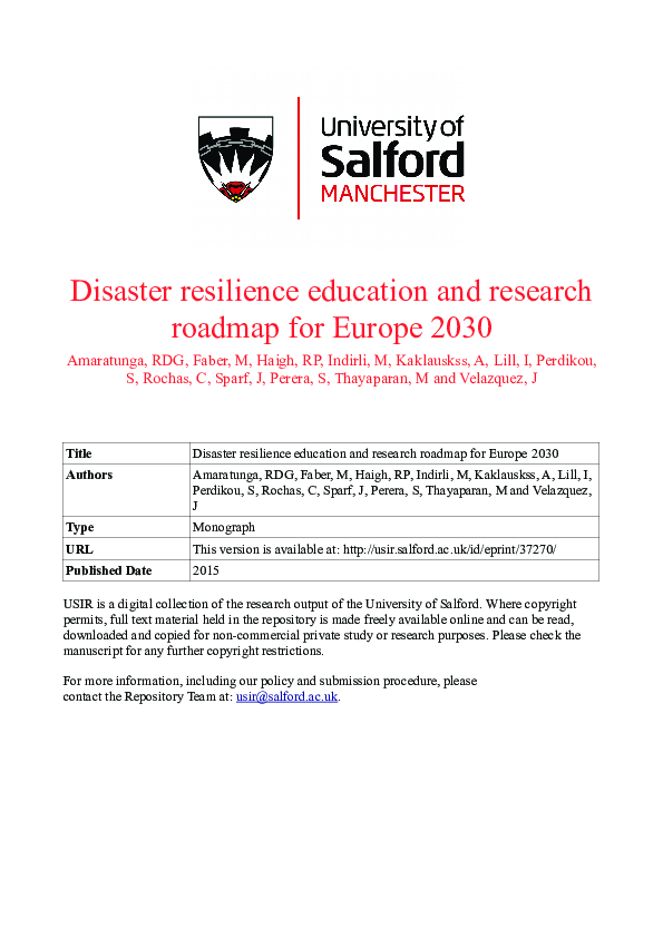 (PDF) Disaster Resilience Education and Research. Roadmap for Europe 2030