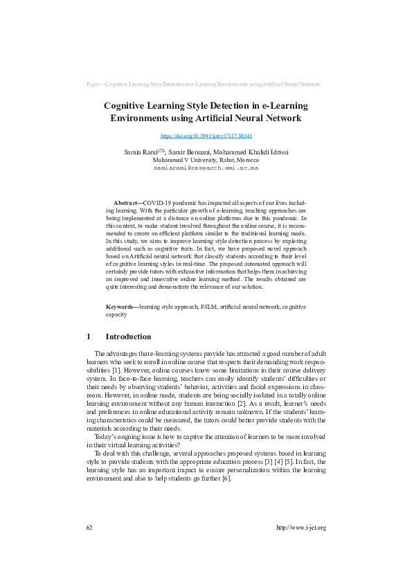 (PDF) Cognitive Learning Style Detection in e-Learning Environments using Artificial Neural Network