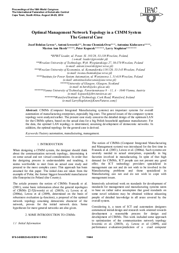 (PDF) Optimal Management Network Topology in a CIMM System The General Case