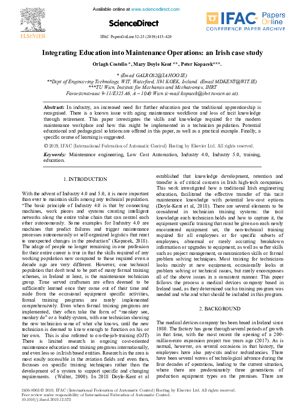 (PDF) Integrating Education into Maintenance Operations: an Irish case study