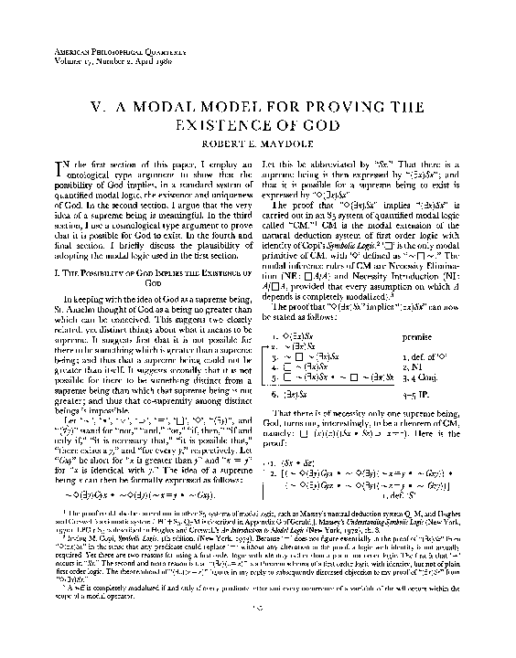 Pdf V A Modal Model For Proving The Existence Of God