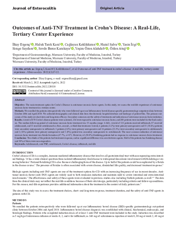 (PDF) Outcomes of Anti-TNF Treatment in Crohn’s Disease: A Real-Life, Tertiary Center Experience
