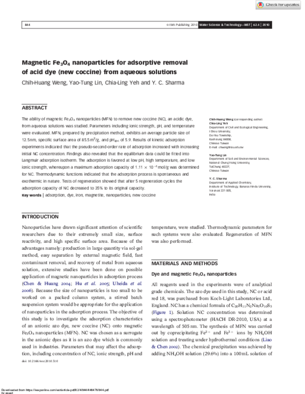 (PDF) Magnetic Fe3O4 nanoparticles for adsorptive removal of acid dye ...