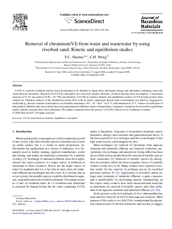 (PDF) Removal of chromium(VI) from water and wastewater by using riverbed sand: Kinetic and ...