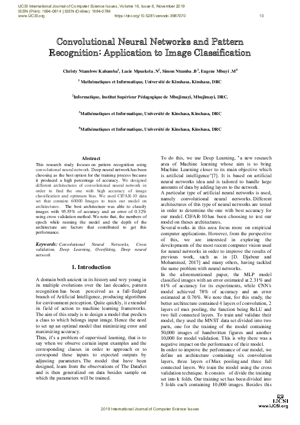 (PDF) Convolutional Neural Networks and Pattern Recognition: Application to Image Classification