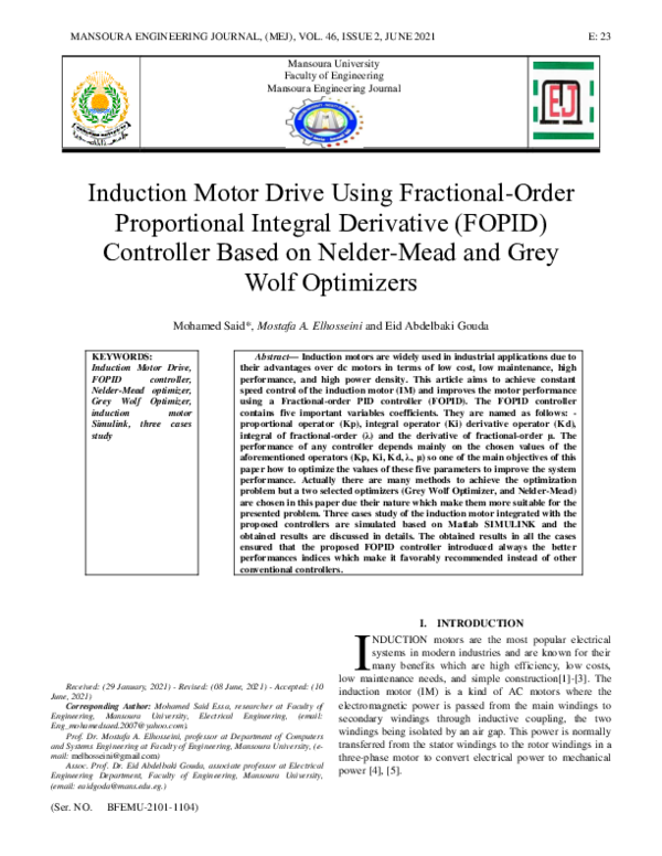 (PDF) Induction Motor Drive Using Fractional-Order Proportional Integral Derivative (FOPID ...