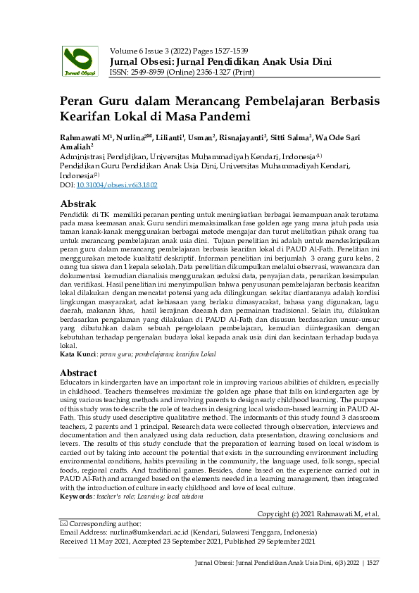 (PDF) Peran Guru dalam Merancang Pembelajaran Berbasis Kearifan Lokal di Masa Pandemi