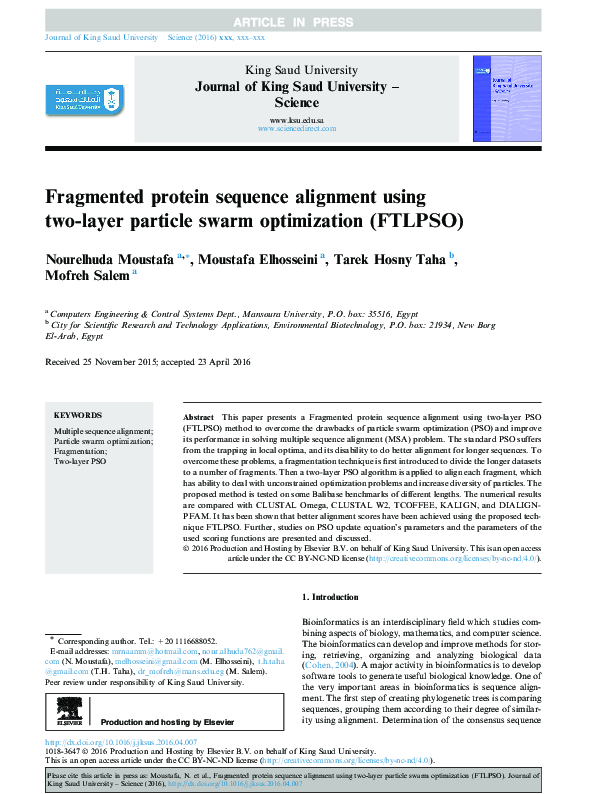 (PDF) Fragmented protein sequence alignment using two-layer particle swarm optimization (FTLPSO)
