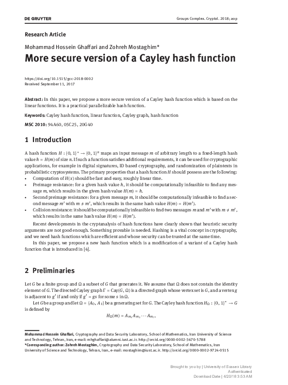 (PDF) More secure version of a Cayley hash function