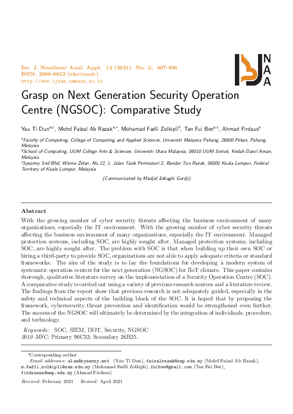 (PDF) Grasp on next generation security operation centre (NGSOC): Comparative study