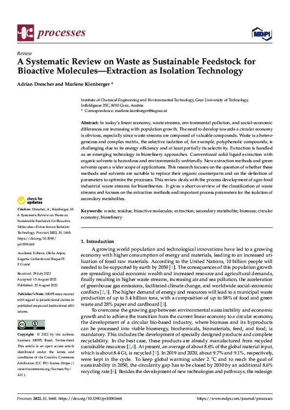 (PDF) A Systematic Review on Waste as Sustainable Feedstock for Bioactive Molecules—Extraction ...