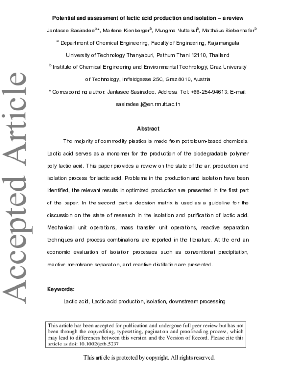 (PDF) Potential and assessment of lactic acid production and isolation - a review