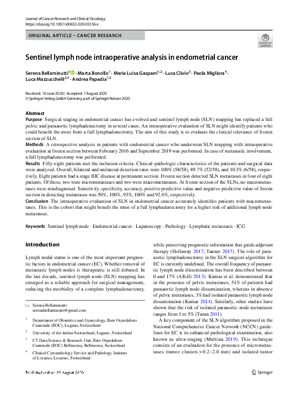 (PDF) Sentinel lymph node intraoperative analysis in endometrial cancer