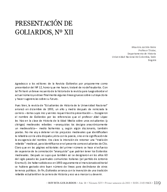 (PDF) Presentación De Goliardos, Nº XII