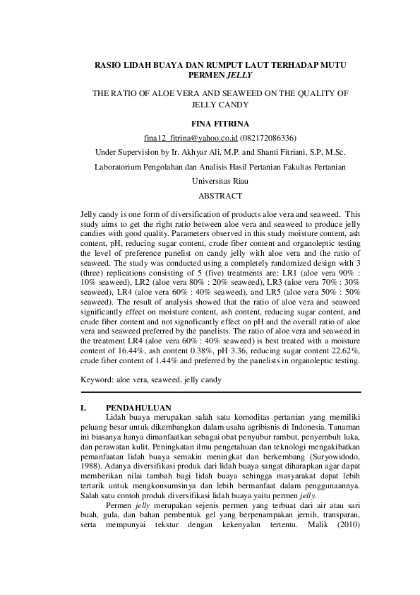 (PDF) Rasio Lidah Buaya Dan Rumput Laut Terhadap Mutu Permen Jelly