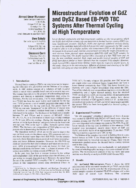 (PDF) Microstructural Evolution of GdZ and DySZ Based EB-PVD TBC Systems After Thermal Cycling ...
