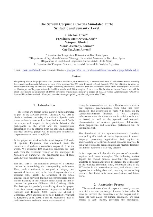 (PDF) The SENSEM corpus: a corpus annotated at the syntactic and semantic level