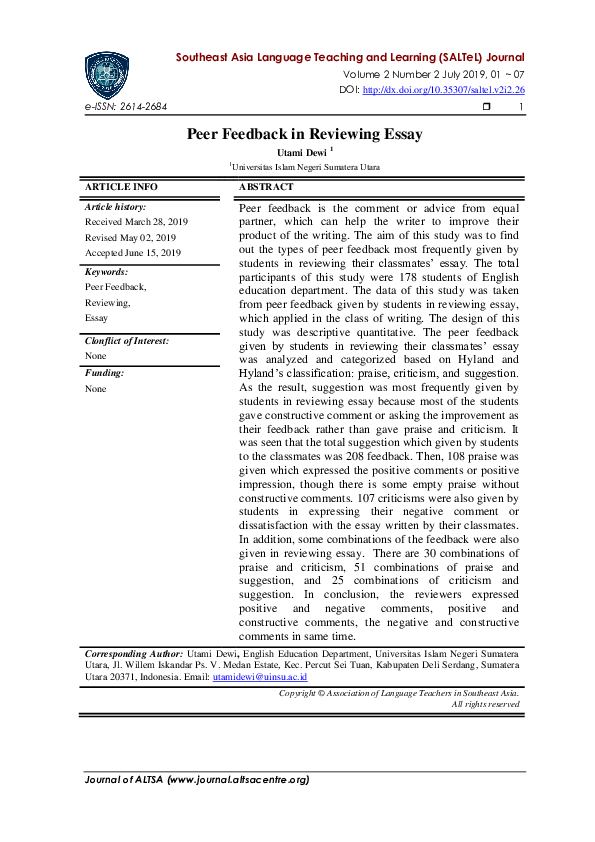 (PDF) Peer Feedback in Reviewing Essay