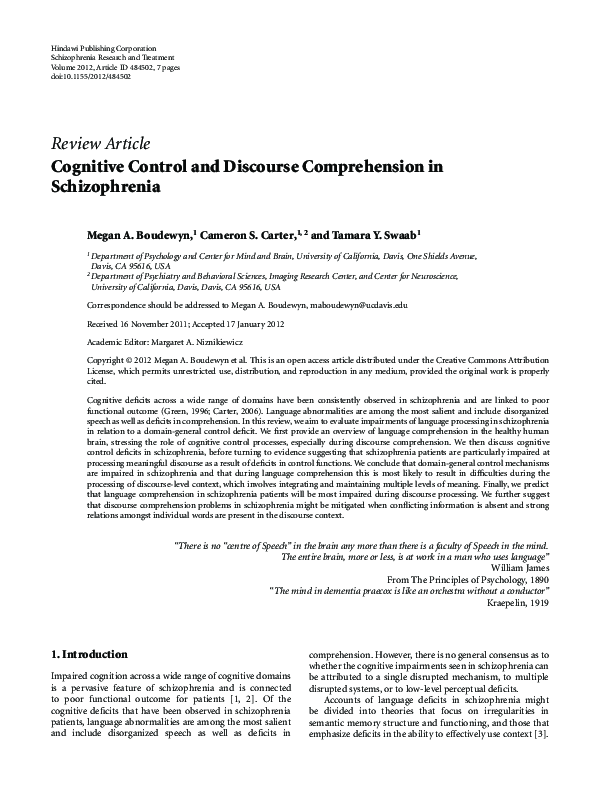 (PDF) Cognitive control and discourse comprehension in schizophrenia