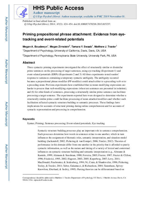 (PDF) Priming Prepositional Phrase Attachment: Evidence from Eye-Tracking and Event-Related ...