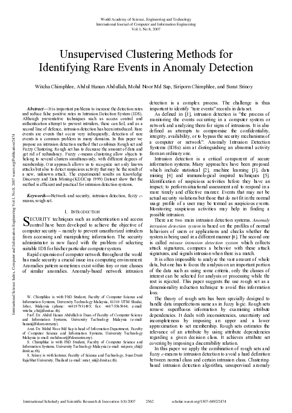 Unsupervised Clustering Methods for Identifying Rare Events in Anomaly Detection