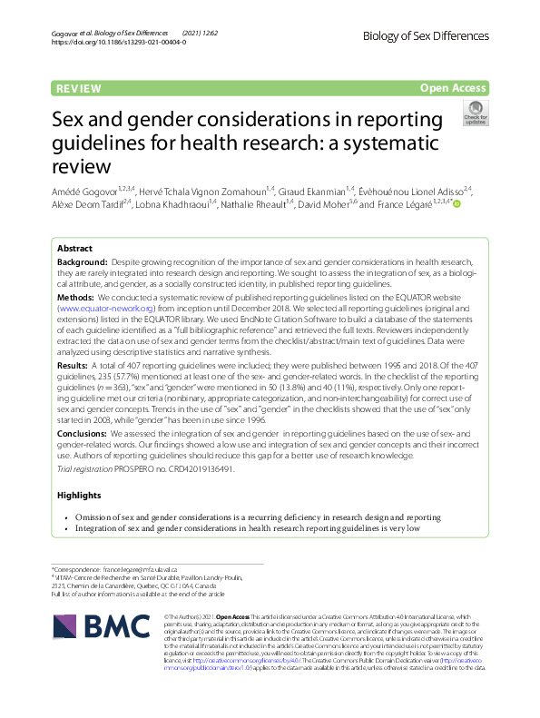 Pdf Sex And Gender Considerations In Reporting Guidelines For Health
