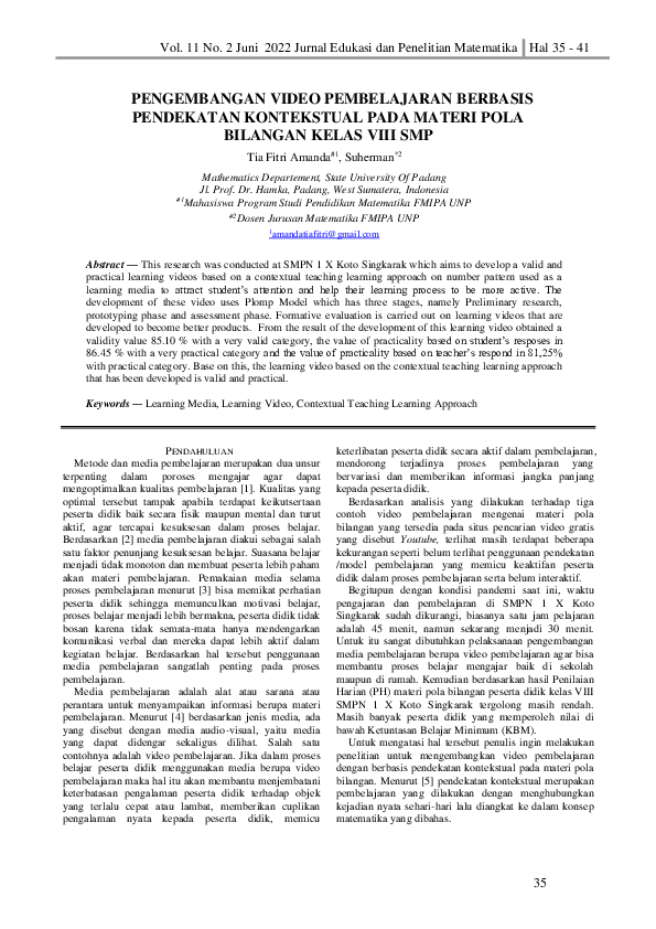 (PDF) Pengembangan Video Pembelajaran Berbasis Pendekatan Kontekstual Pada Materi Pola Bilangan ...