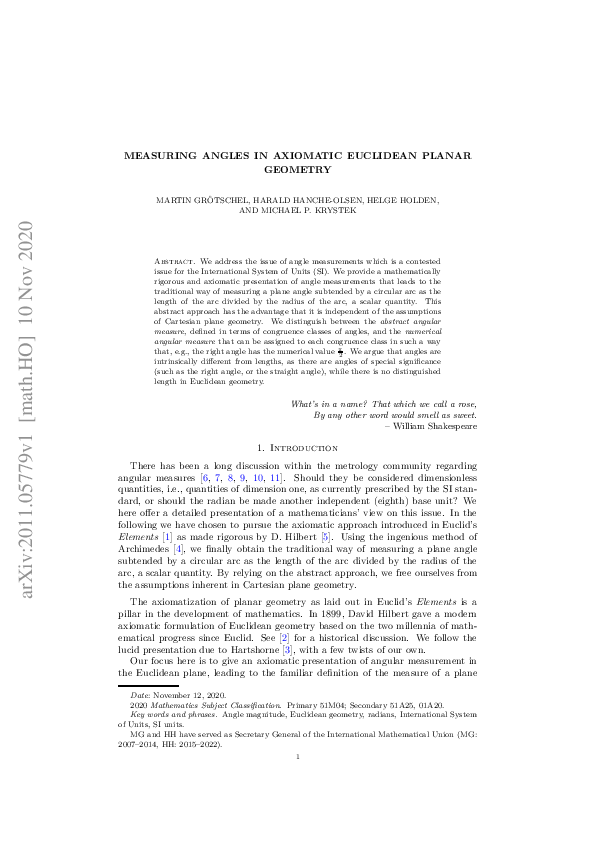 (PDF) Measuring angles in axiomatic Euclidean planar geometry