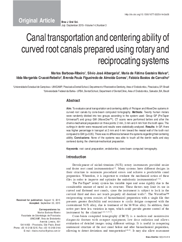 (PDF) Canal transportation and centering ability of curved root canals ...